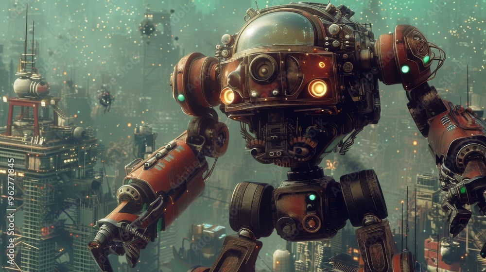 A massive robot equipped with advanced technology stands tall in a ...