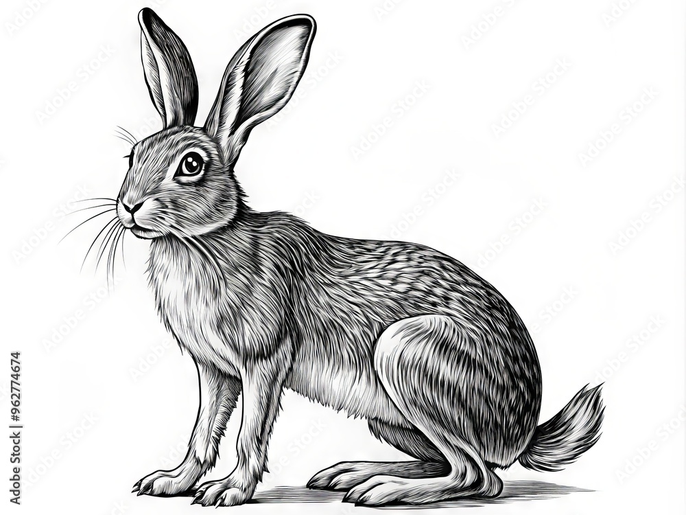 Black Outline Drawing Of A Jackrabbit Facing Right With Long Ears ...