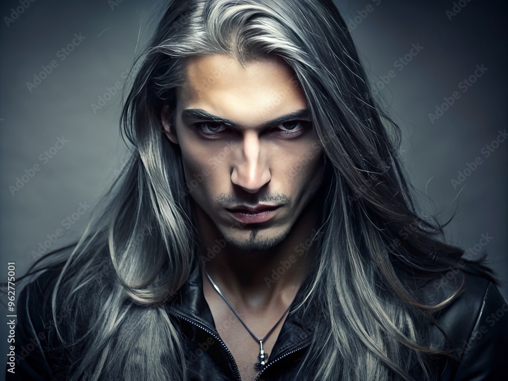Brooding Male Model With Long, Dark Hair And Silver Highlights Poses ...