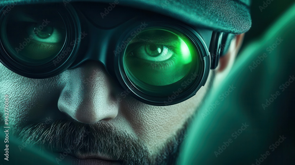 Secret agent peering through night-vision goggles, the green glow ...