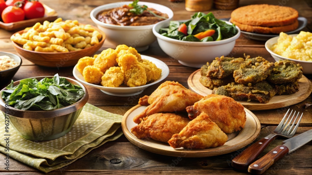 Delicious soul food spread on a family dinner table, featuring fried ...