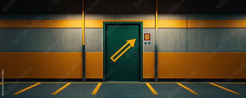 Emergency exit door in an underground parking lot, with a large green ...