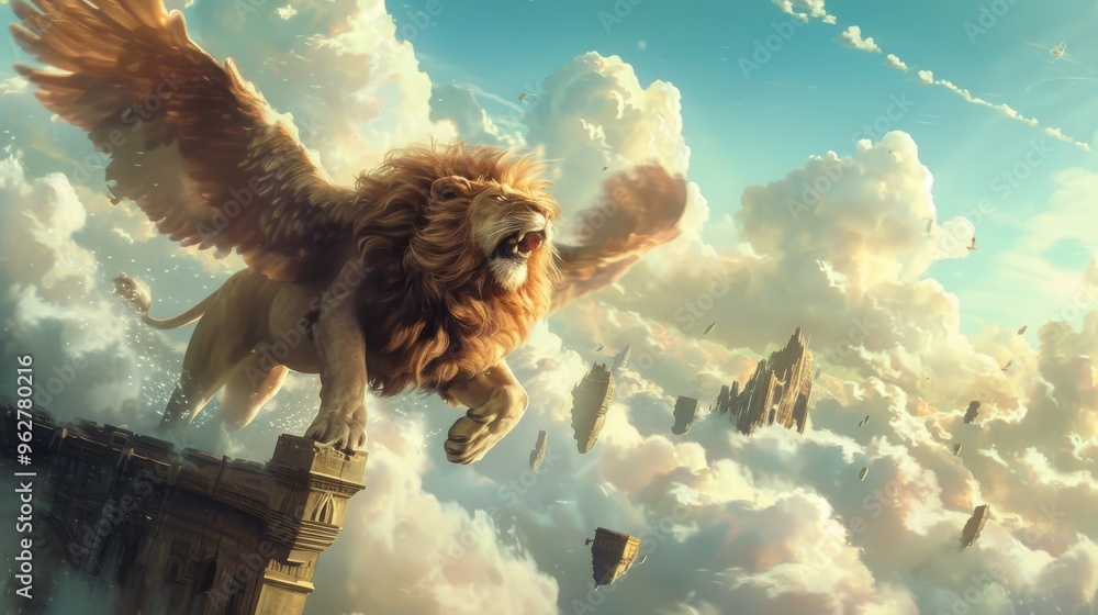 A powerful winged lion roars as it soars through a sky filled with ...