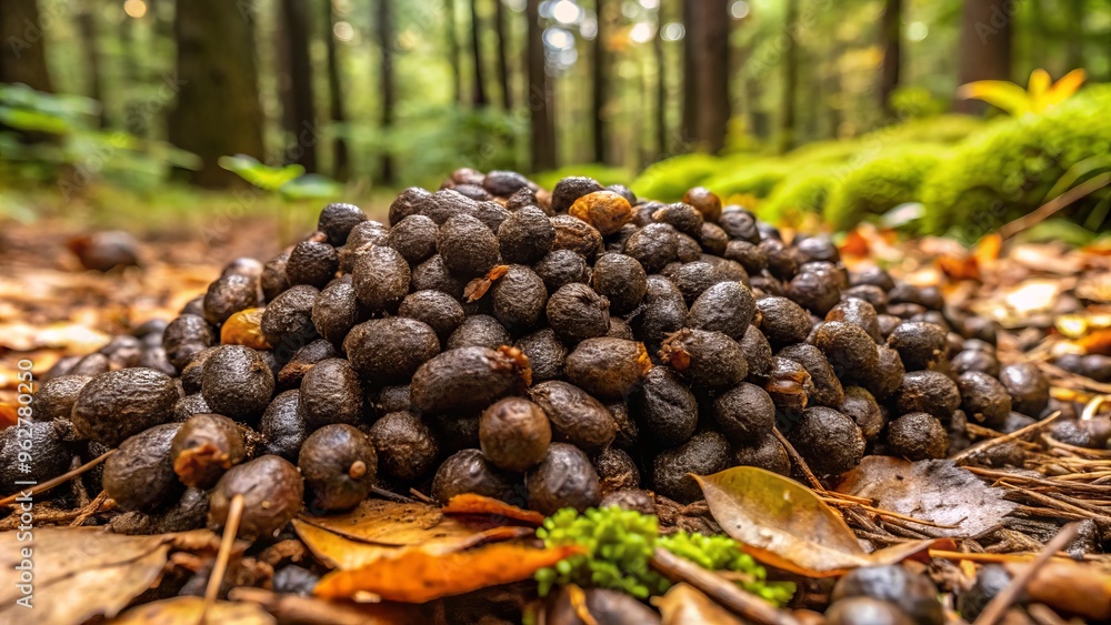 Rich brown pellets of fox waste litter the forest floor, their ridged ...