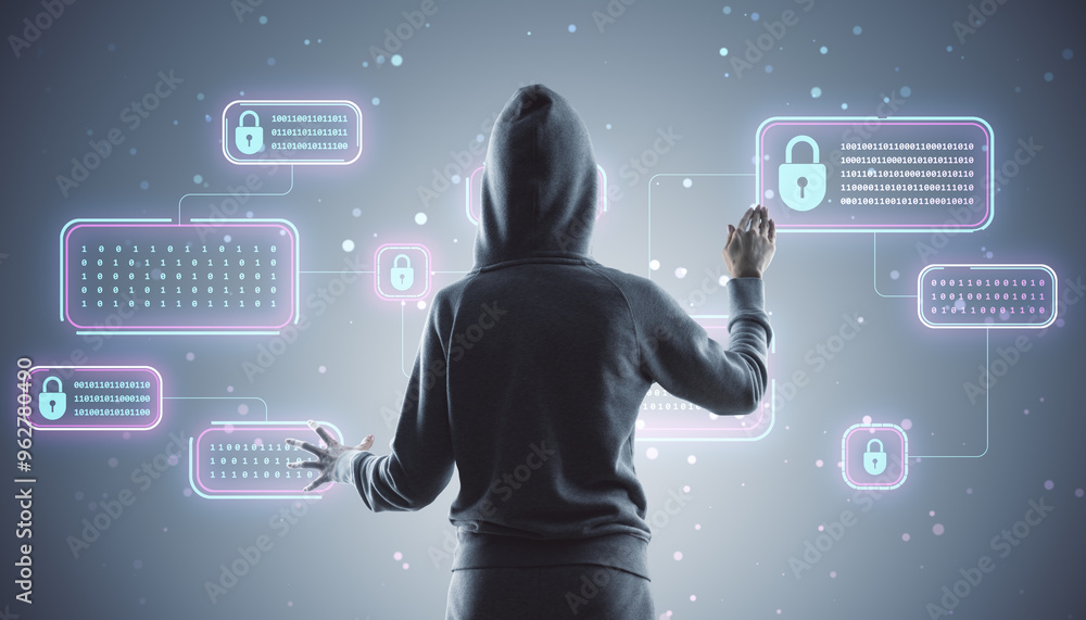 Person in a hoodie interacts with digital locks and binary code on a ...