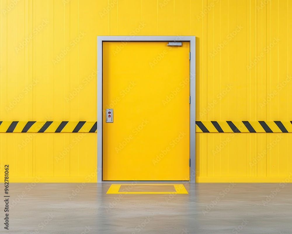Emergency exit door in an industrial warehouse, with caution tape and ...