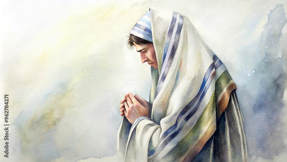 Person praying with a tallit draped over head, embodying devotion in a ...