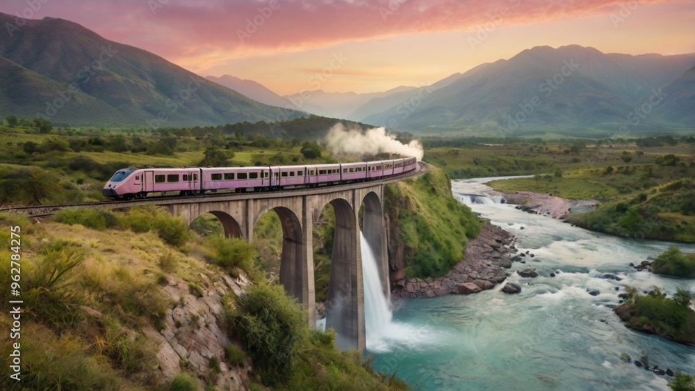 Train on a railway bridge in a countryside with a fascinating mountain ...