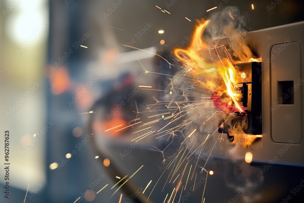 Electrical outlet sparks fire hazard with short circuit, showcasing ...