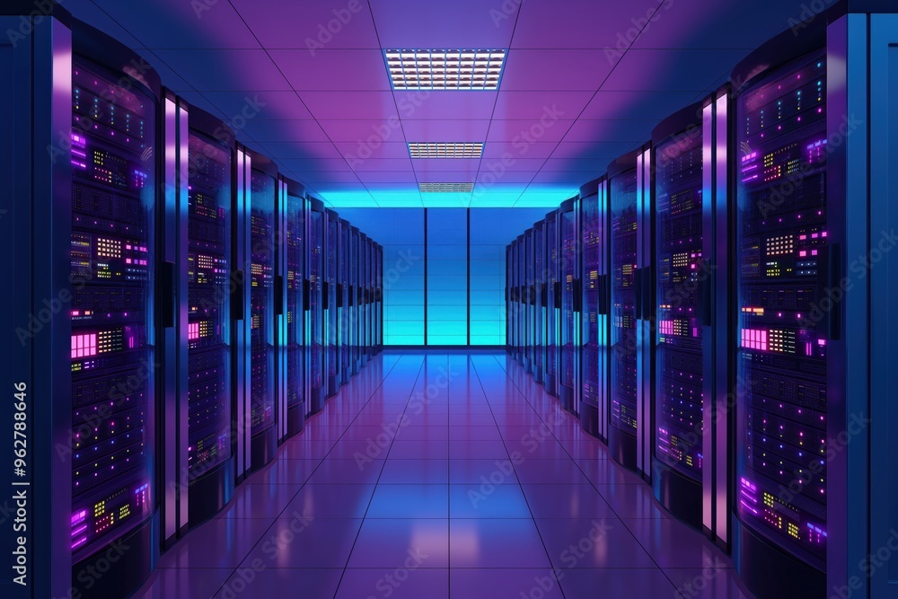 Datacenter server room interior with rows of computer equipment racks. Networking gear, servers ...