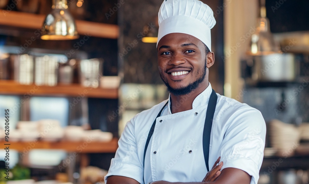 Confident chef stands proudly in a modern kitchen, showcasing culinary ...