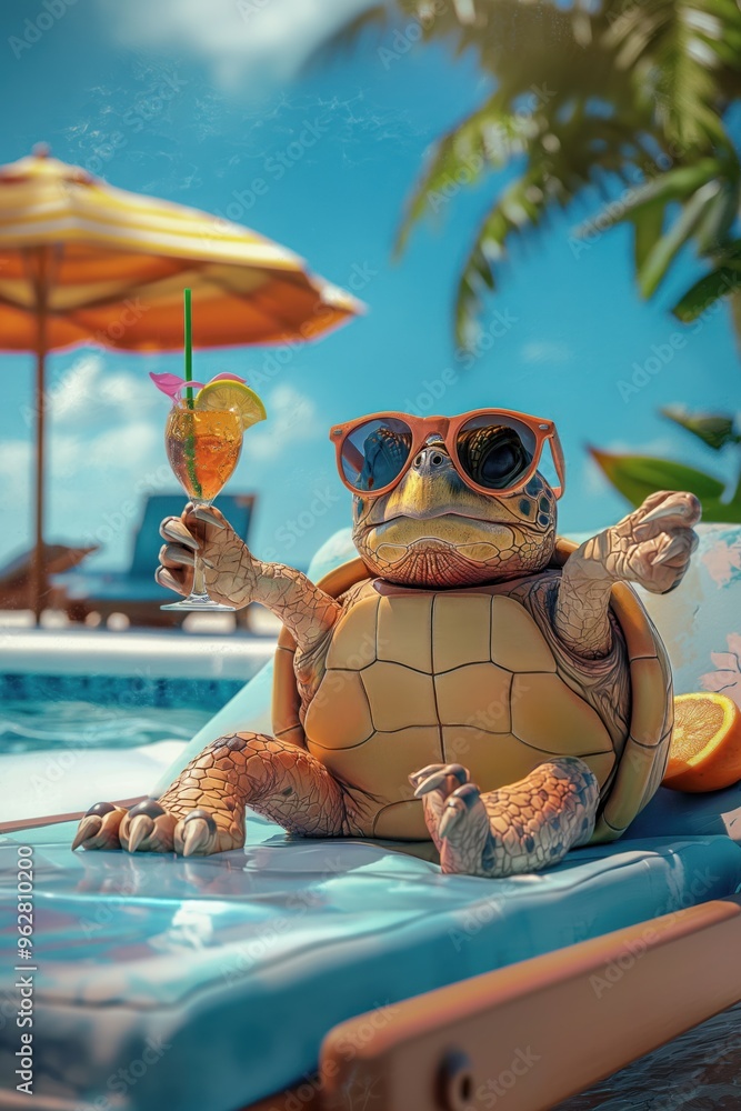Turtle relaxes on sunbed near pool with palm tree and umbrella. Reptile ...
