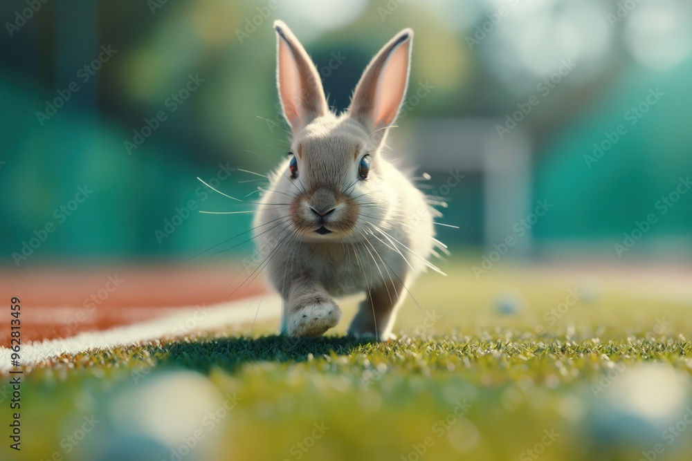 Rabbit athlete runs on tennis court with green grass. Fit bunny ...