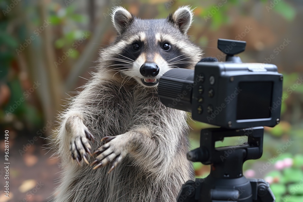 Raccoon holds camera, filming beauty blog. Cute influencer stands on ...