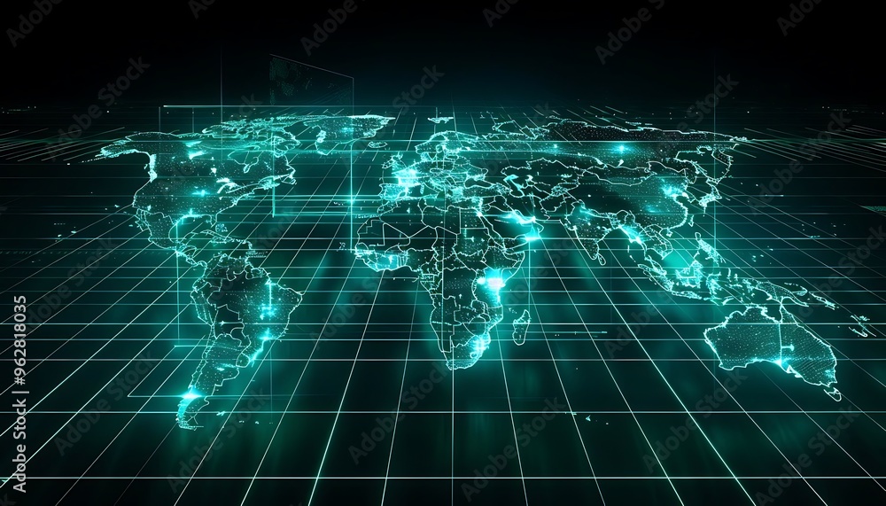 Global Network Digital Age A World Map Rendered In Vibrant Glowing Lines And Nodes
