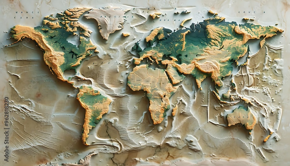 World Relief: A 3D relief map of the world crafted in stone, showcasing ...
