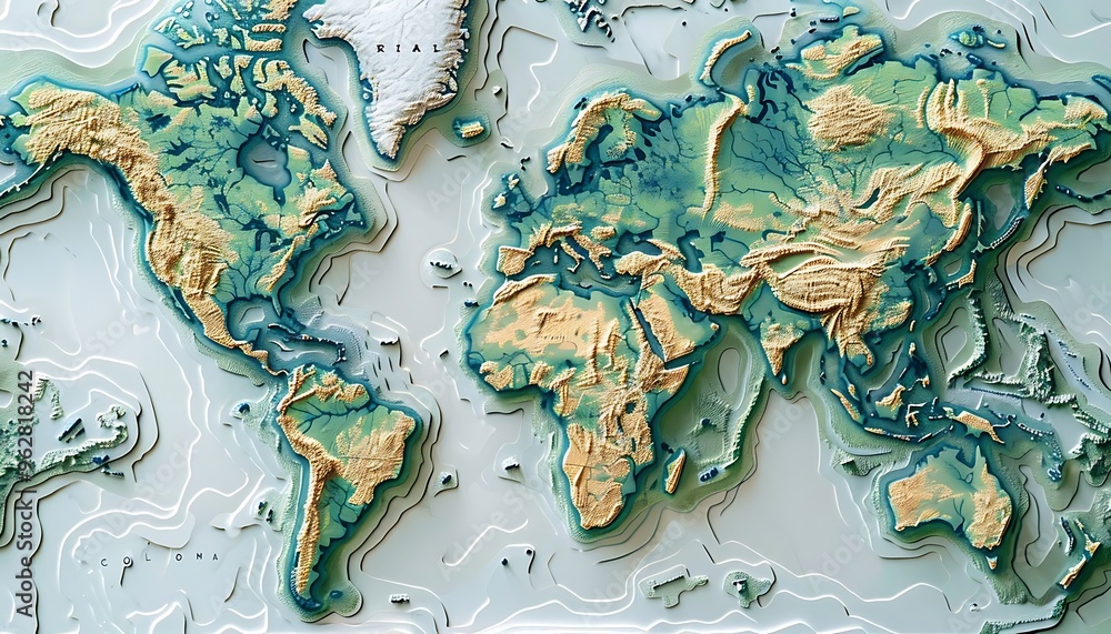 World Map in 3D Relief: A textured, artistic rendition of Earth's ...
