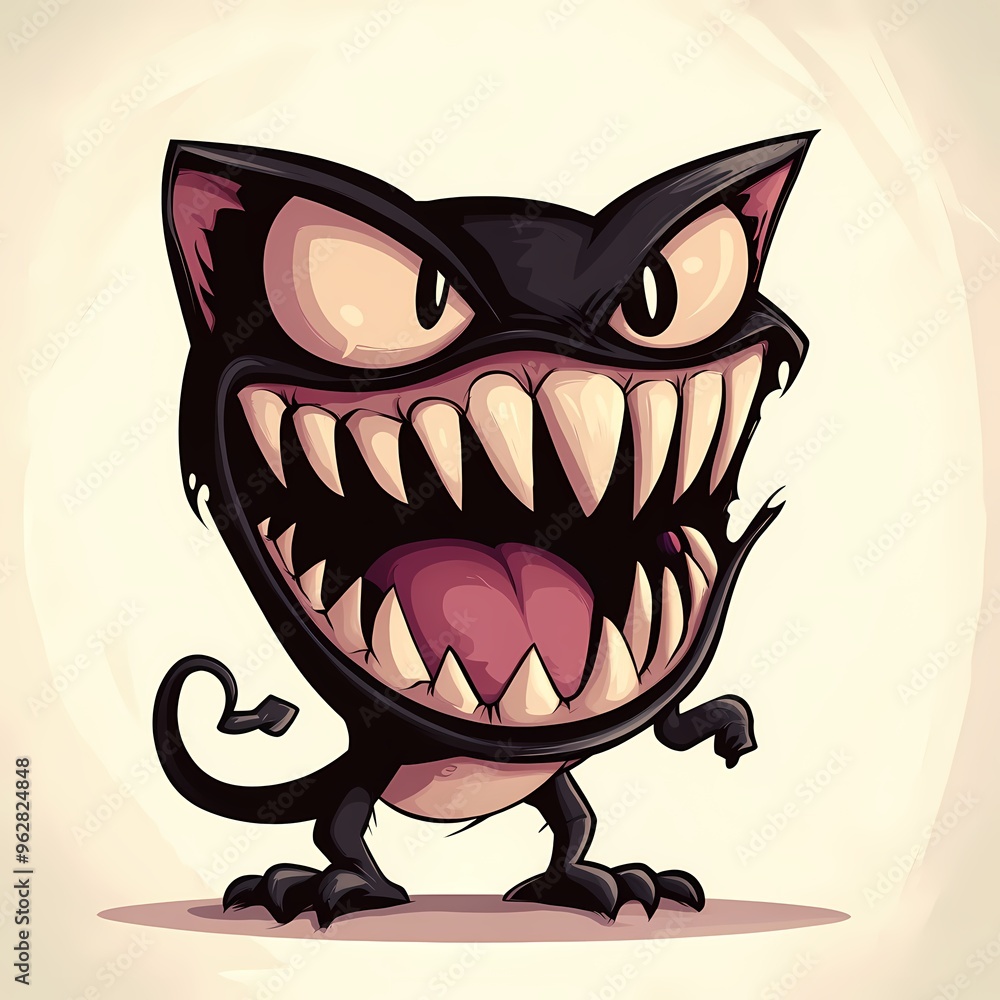 A cartoon black cat with sharp teeth and a menacing grin, standing on ...