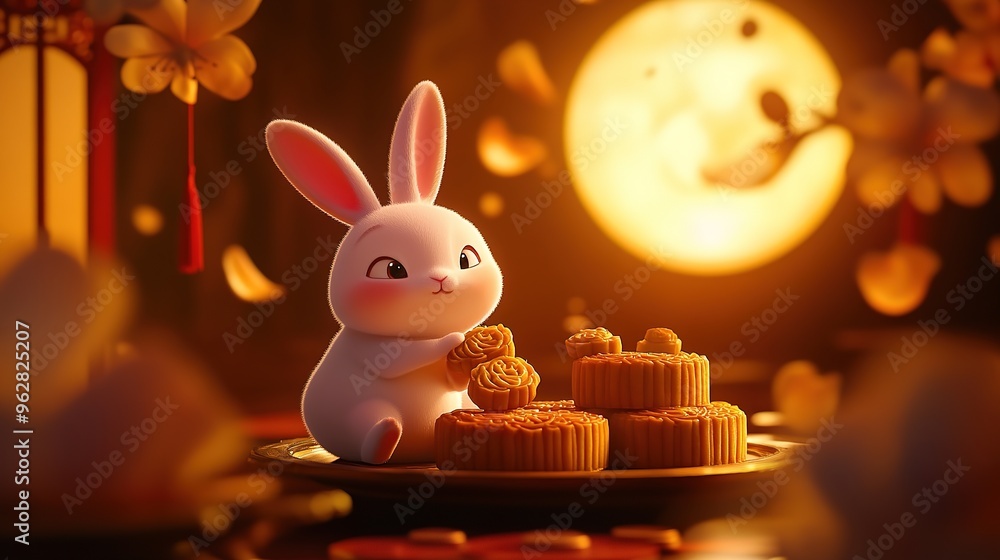 Mid-Autumn Festival Poster Featuring an Adorable Rabbit Savoring ...