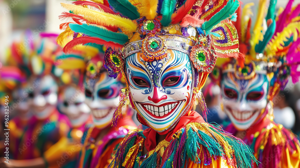 MassKara Festival, hundreds of dancers in bright costumes dance on the ...
