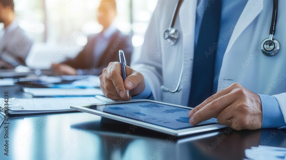 Project manager reviewing medical project risks and timelines on a ...