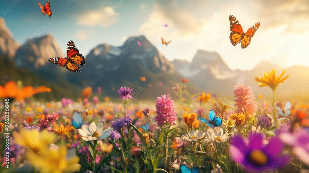 Beautiful flower field with vibrant butterflies flying, elegant ...