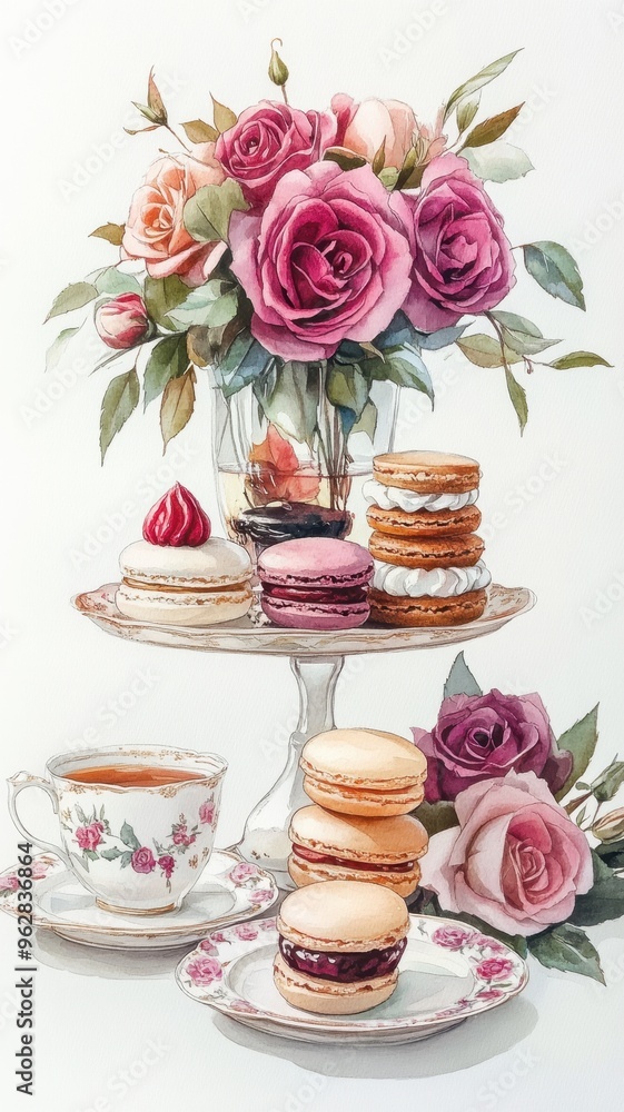Watercolor illustration of British afternoon tea,tea break in the ...