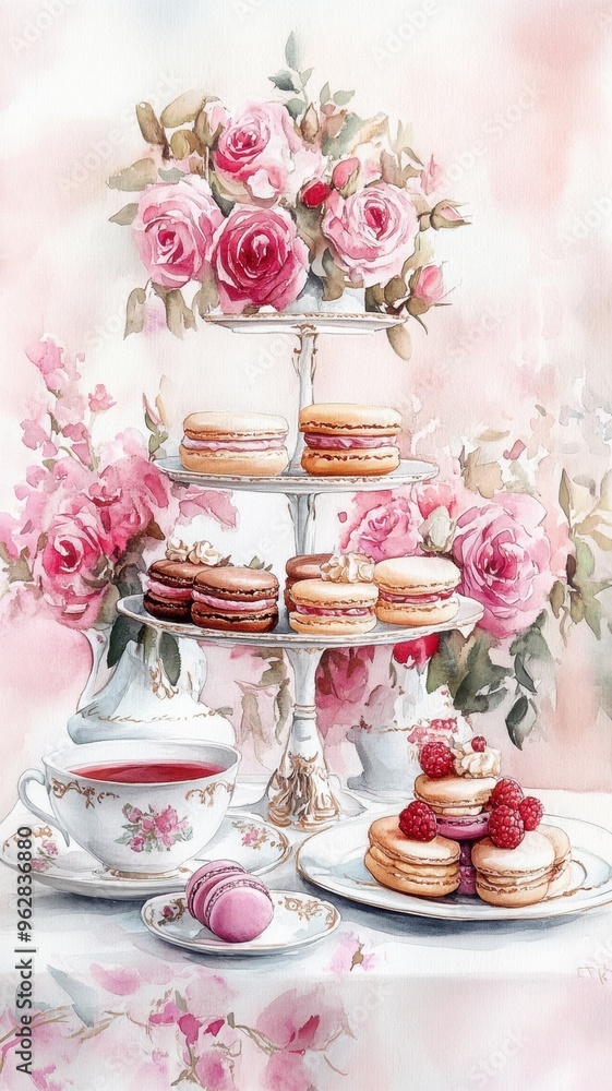 Watercolor illustration of British afternoon tea,tea break in the ...