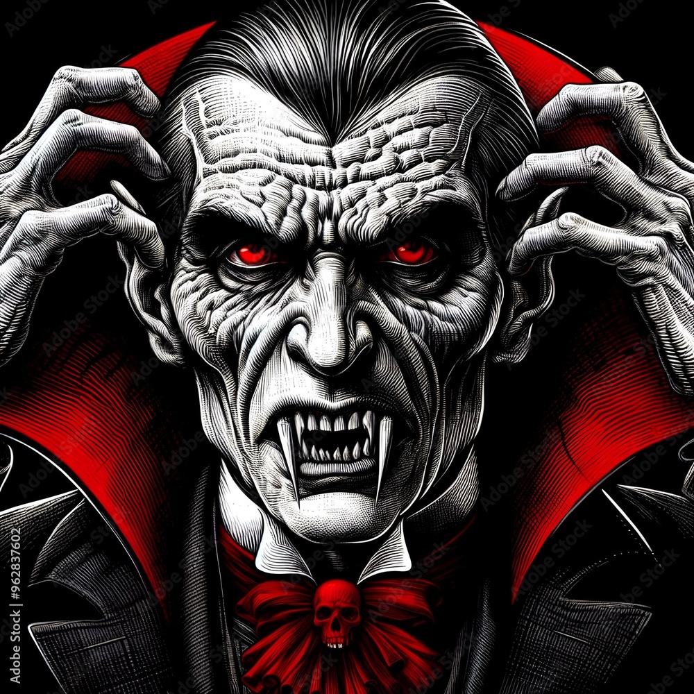 Highly detailed illustration of Dracula, vampire with fangs, glowing ...
