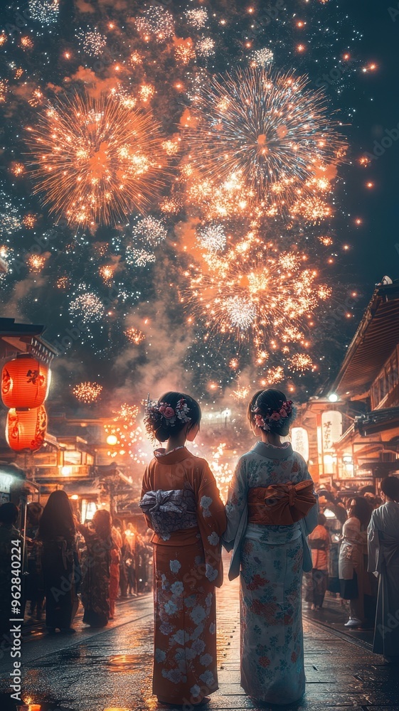 Young Asian Japanese women in traditional Yukata dress with fireworks ...