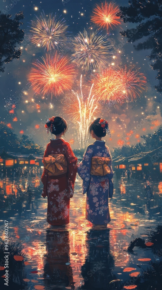 Young Asian Japanese women in traditional Yukata dress with fireworks ...