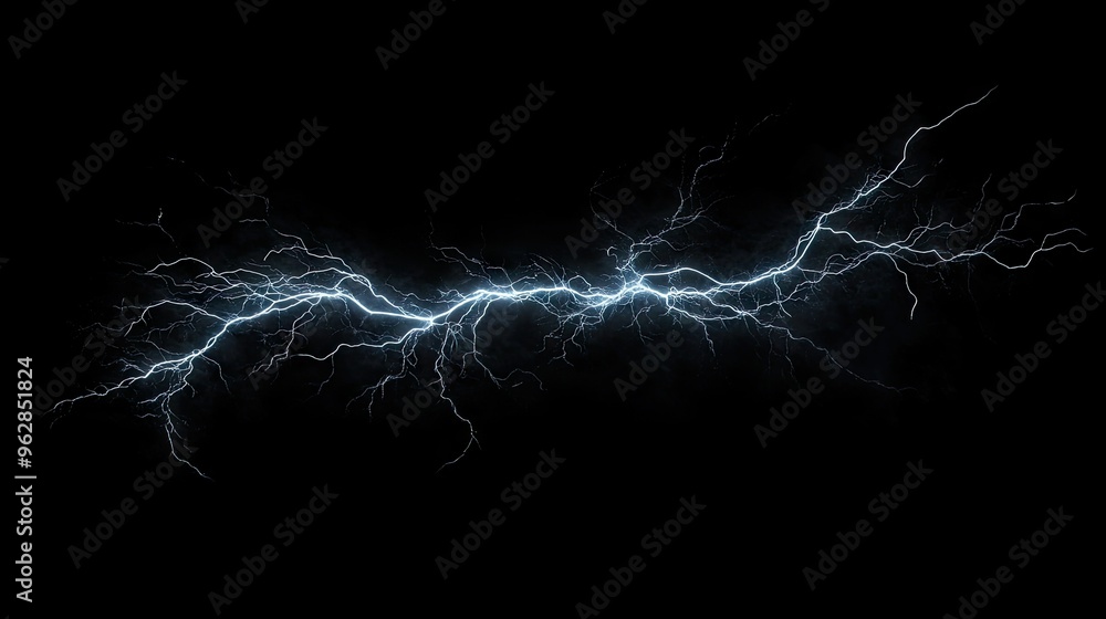 Dynamic lightning bolt with branching extensions, isolated on a black ...