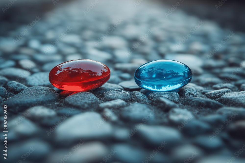 Two pills, one red and one blue, are sitting on a table. The red pill ...