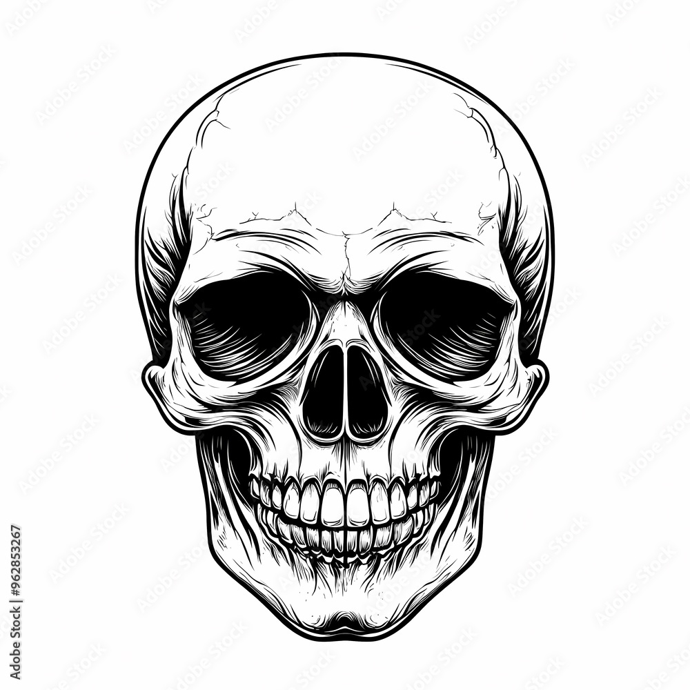 A detailed black and white illustration of a human skull with a closed ...
