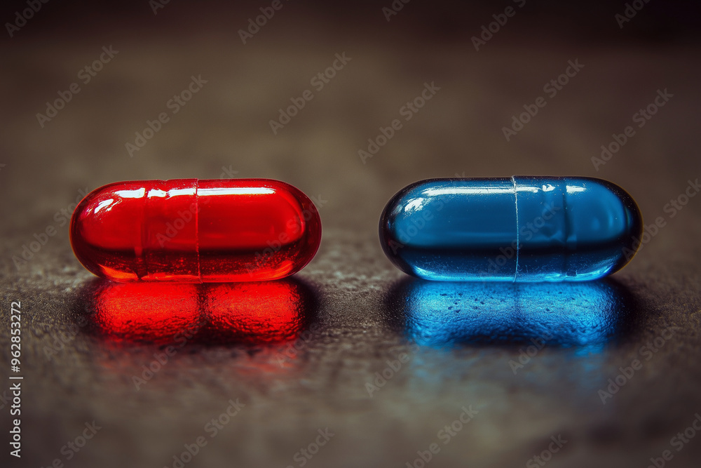 Two pills, one red and one blue, are sitting on a table. The red pill ...
