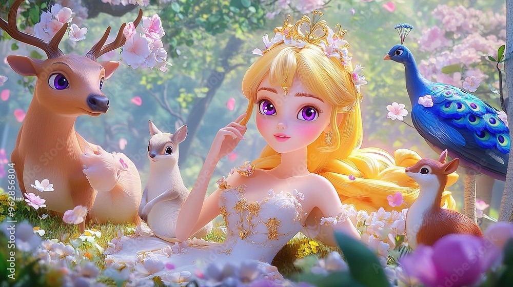 Super Cute Forest Princess with Golden Hair and Purple Watery Eyes ...