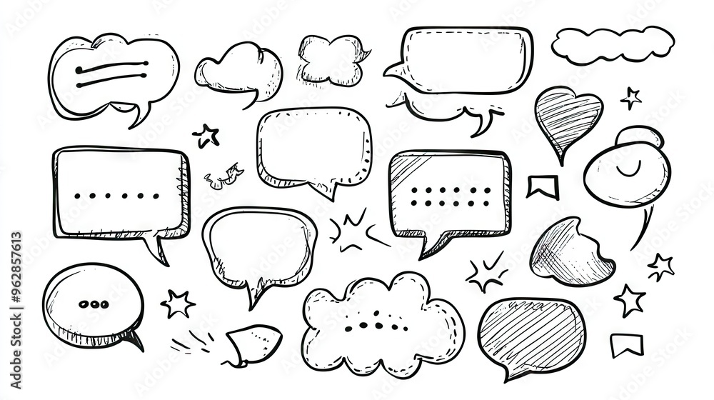 Set of cartoon speech bubbles and message boxes with outline doodle ...