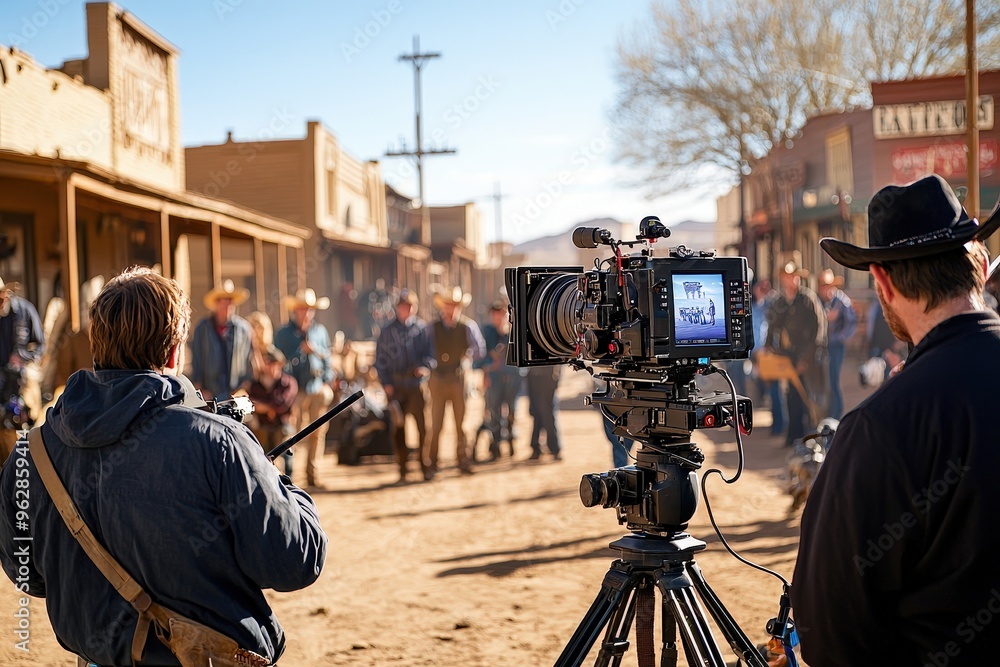 Movie crew filming on a realistic Wild West set featuring classic ...