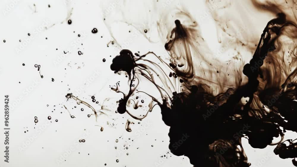Sepia ink droplets splash across pristine white canvas, creating ...