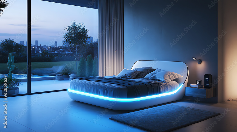 Bedroom with a smart mattress that adjusts firmness and temperature ...