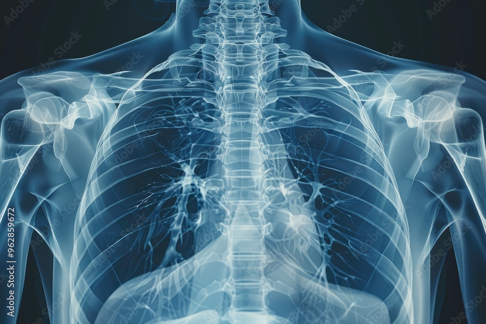 Medical X-ray image of a human chest, clear view of ribs and heart ...