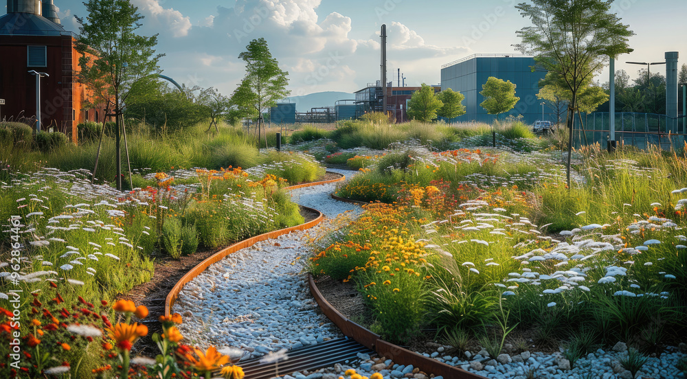 An industrial site designed into a sustainable park. Depict the ...