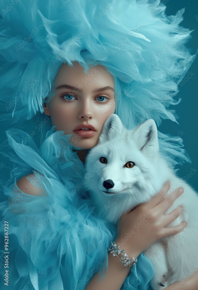 Fine art portrait of beautiful nordic young woman holding an arctic fox ...