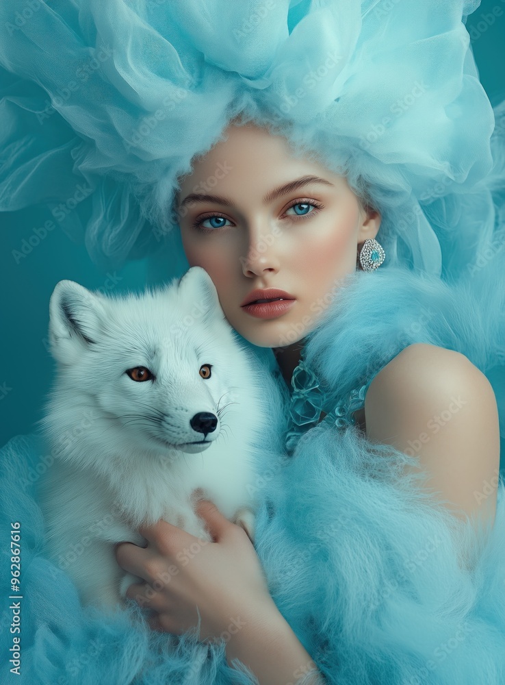 Fine art portrait of beautiful nordic young woman holding an arctic fox ...