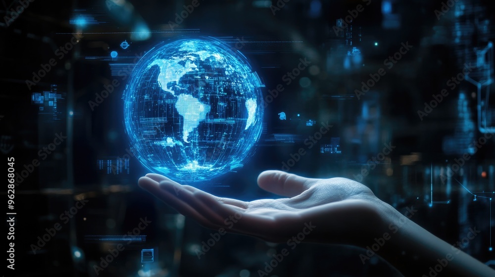 Digital Globe in Hand, Connecting the World with Technology Stock ...