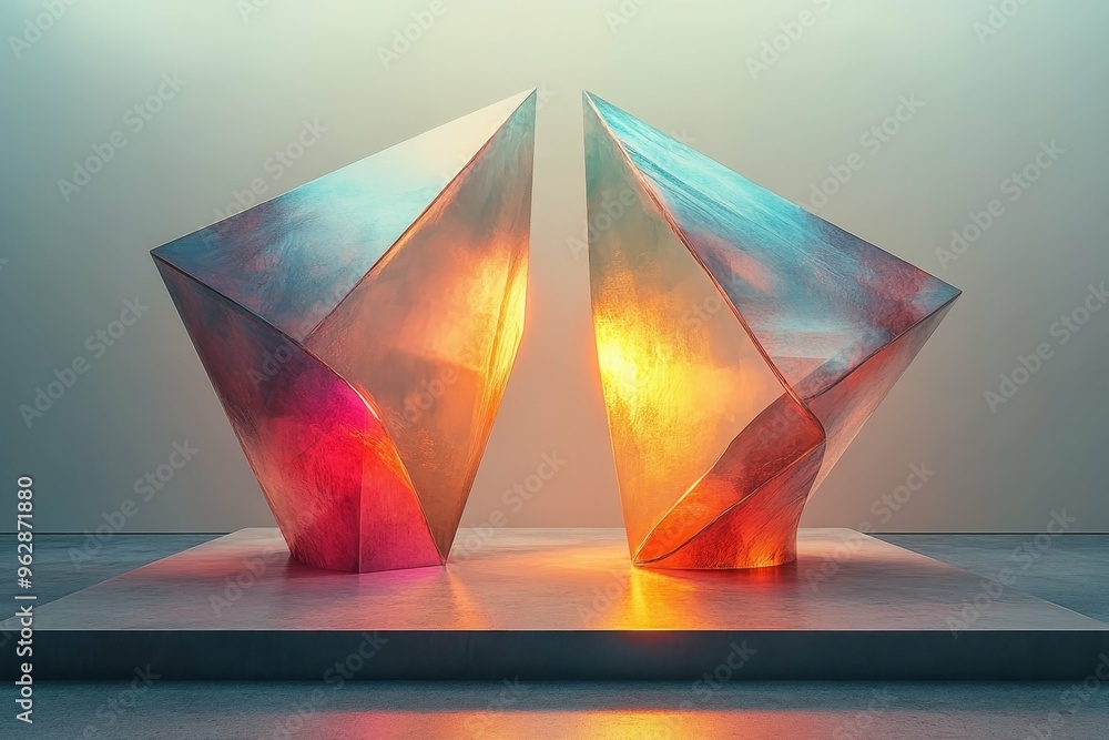 Two intersecting planes of light, each with unique colors and patterns ...