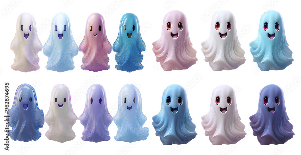 Cute ghost characters in pastel colors isolated on transparent ...