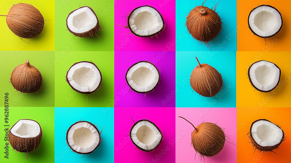 An image collage of coconuts, both whole and cut, on vibrant ...