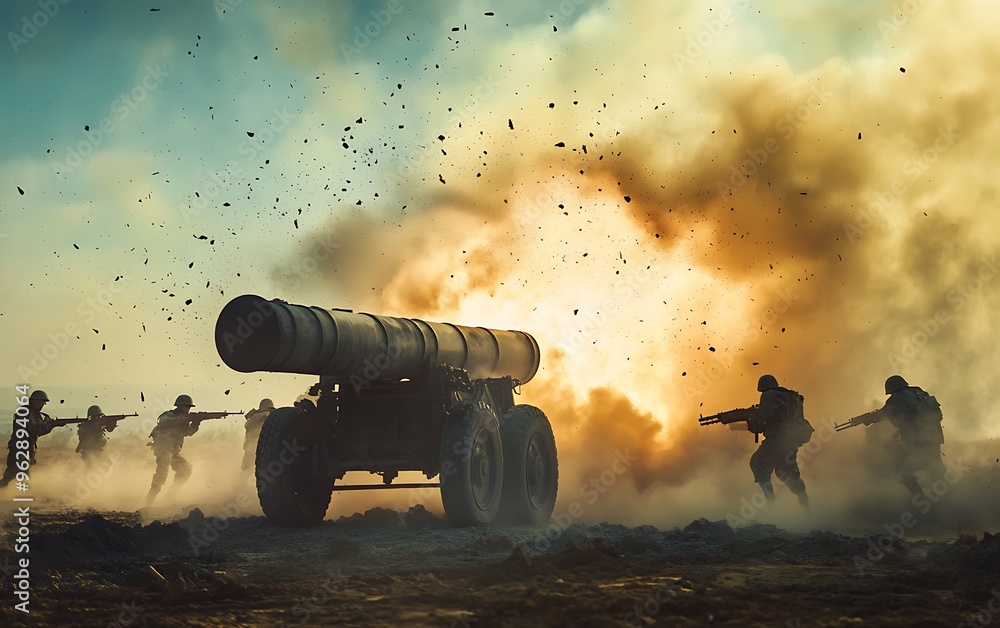 Explosive Artillery Fire in the Heat of War: Soldiers in Action Stock ...