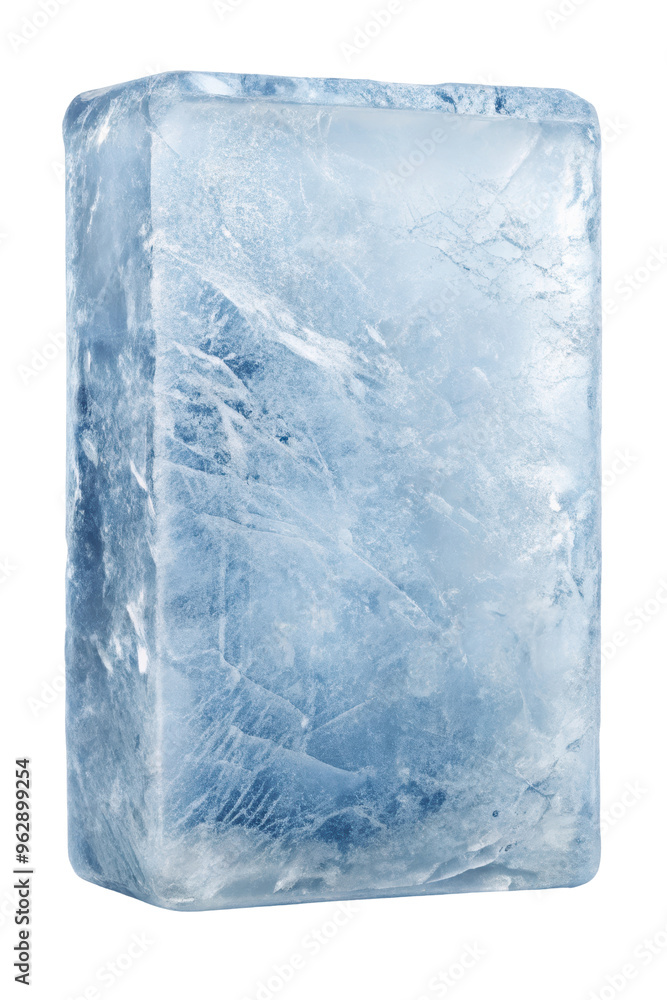 Tall blue ice block with a rough surface and frosty texture ...